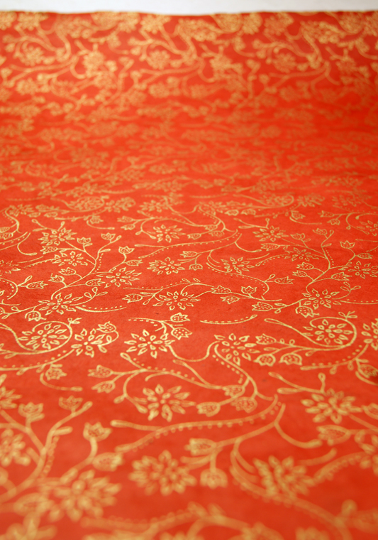 Recycled Paper Gift Wrap - Lotka Fiber - Red Gold Print Handmade Sheets